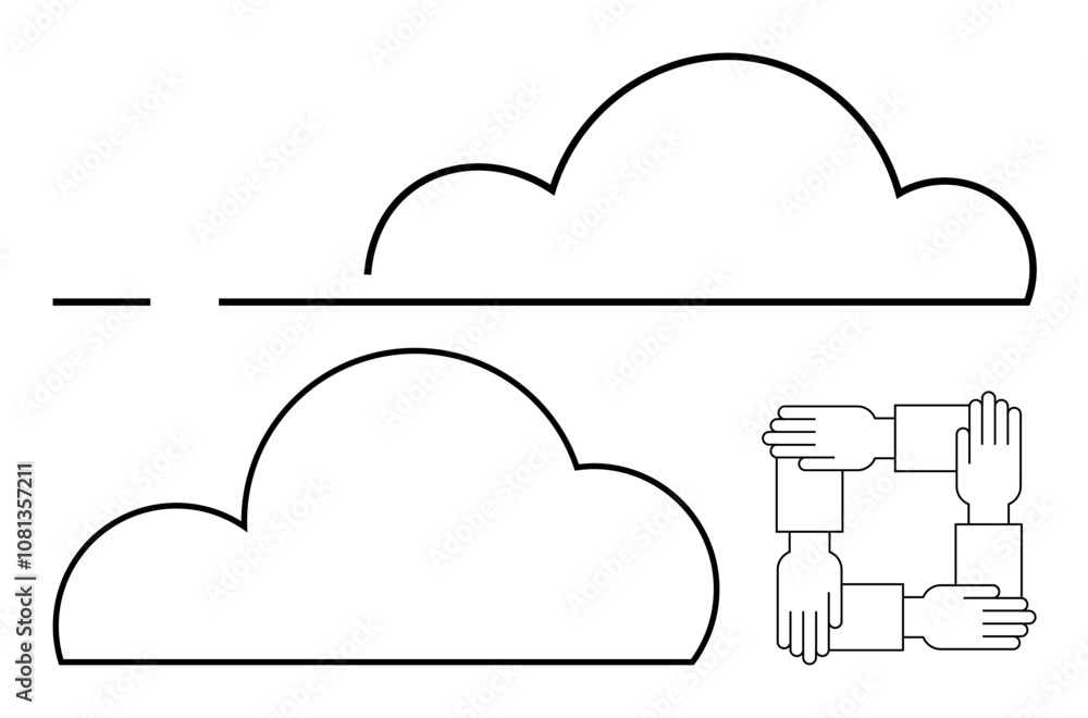 Two simplistic cloud outlines with a square formed by hands holding ...
