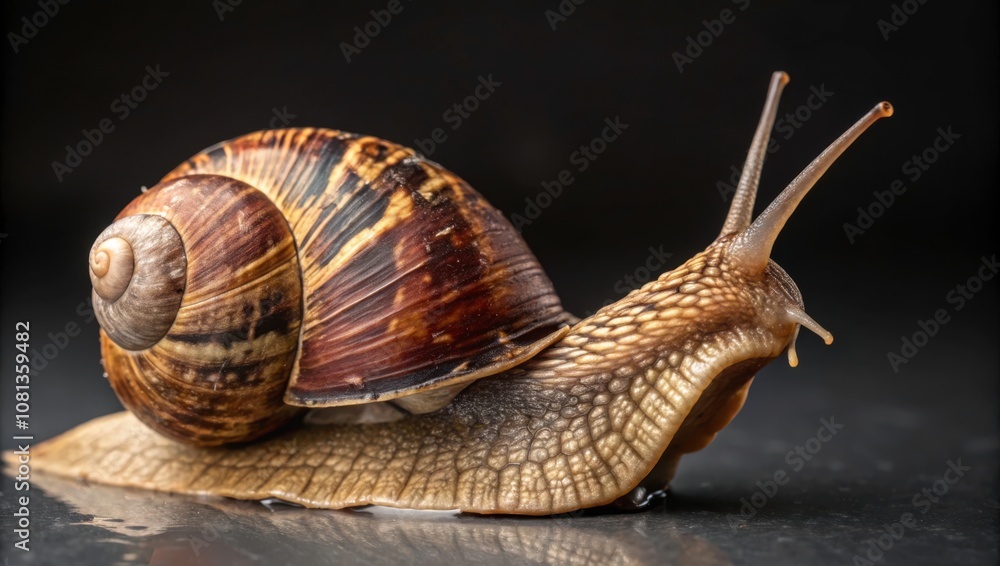 African Giant Snail Crawling Gracefully on a Damp Leaf in a Natural ...