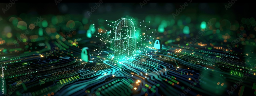 cybersecurity concept of computer motherboard with green lock and data ...