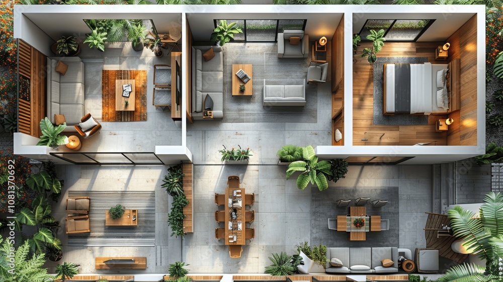 3D Architectural House Plan with Interior Rooms and Furniture Top View ...