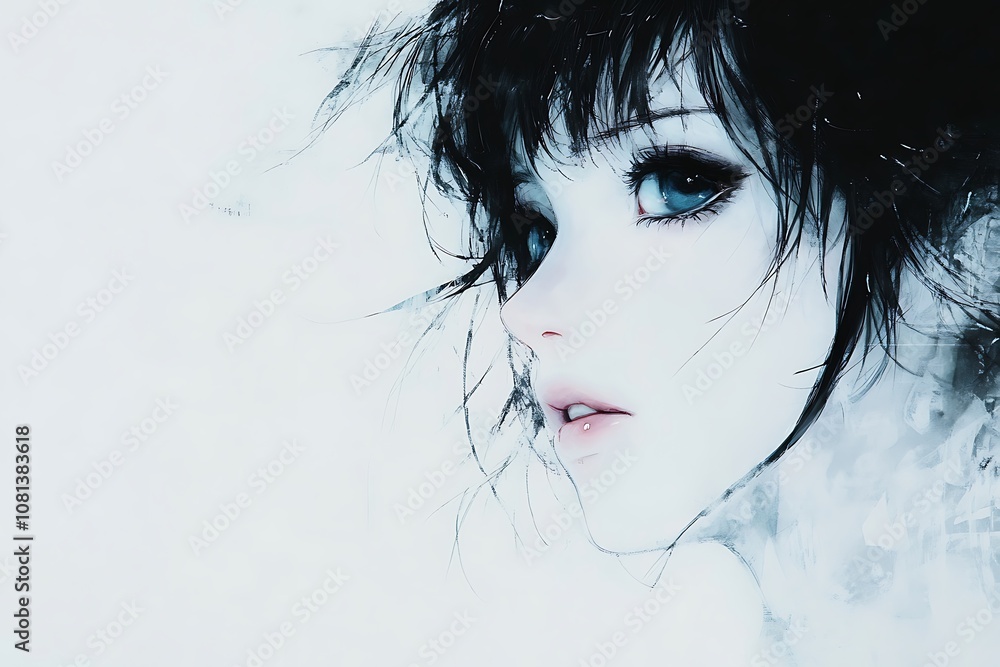 Anime style portrait of a young woman with blue eyes, black hair, and a ...
