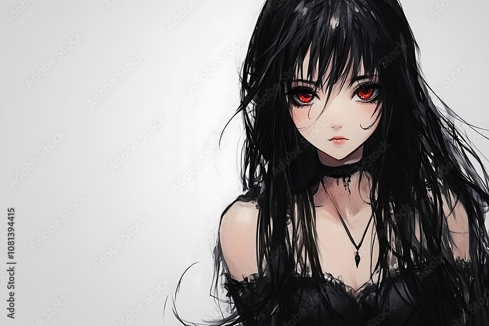 Anime girl with black hair and red eyes, wearing black lace dress and ...