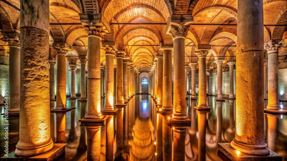 Underground ancient water reservoir in Istanbul with rows of iconic ...