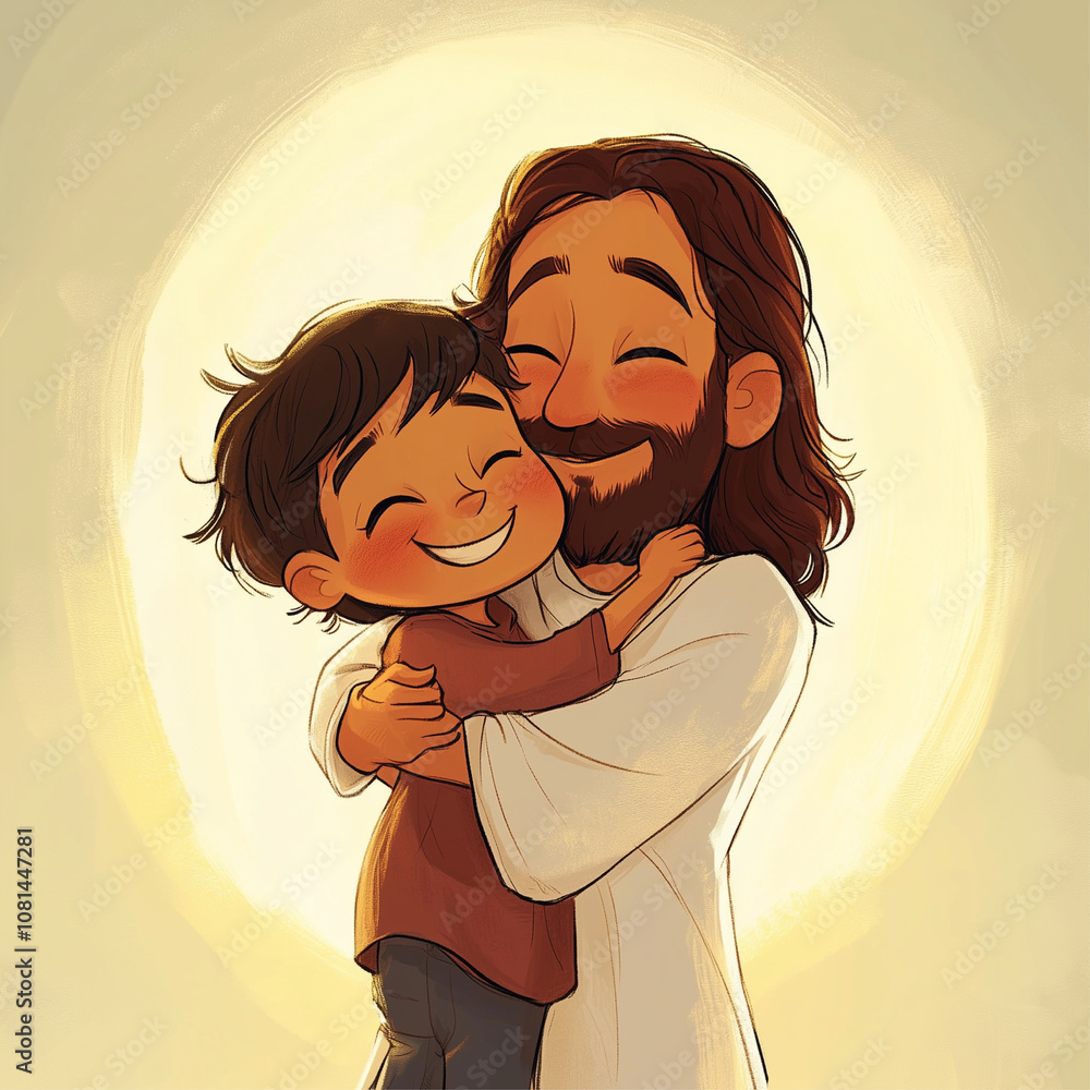 Generative AI. Cartoon illustration of Jesus hugging a boy with great ...