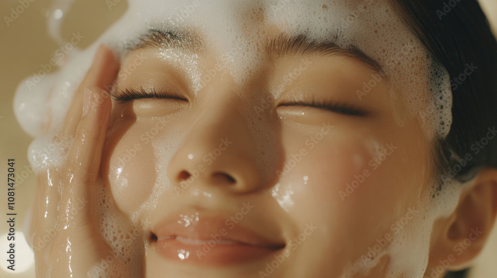 Smile asian young woman wash face with foam facial cleanser gel. Happy ...