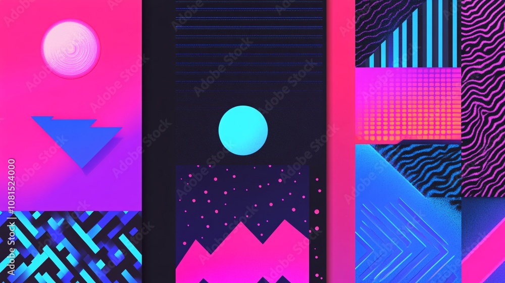neon-infused geometric patterns pulse with nostalgic energy, synthwave ...