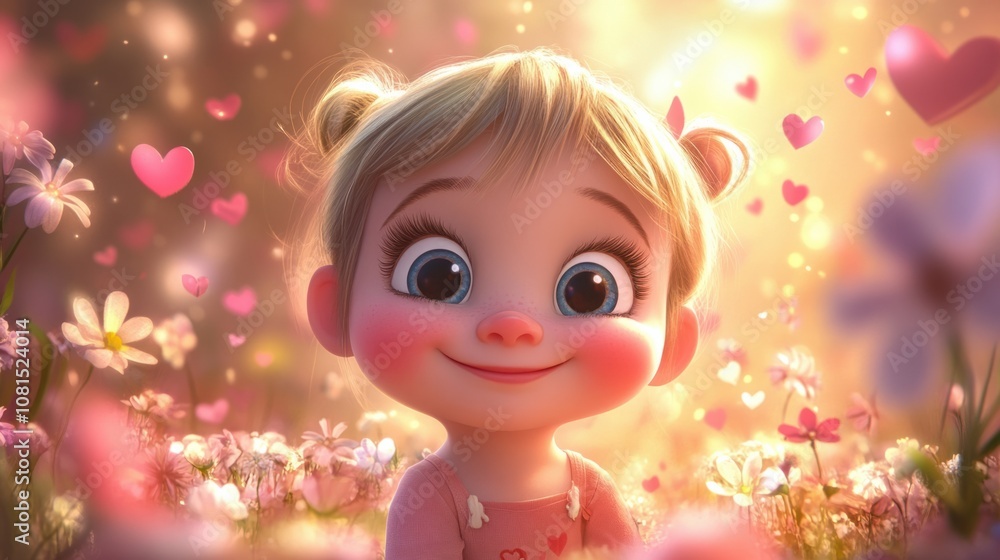 Sweet cartoon baby girl with chubby cheeks, smiling with a background ...
