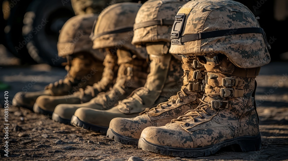 Military boots and helmets lined up in formation, showcasing durability ...