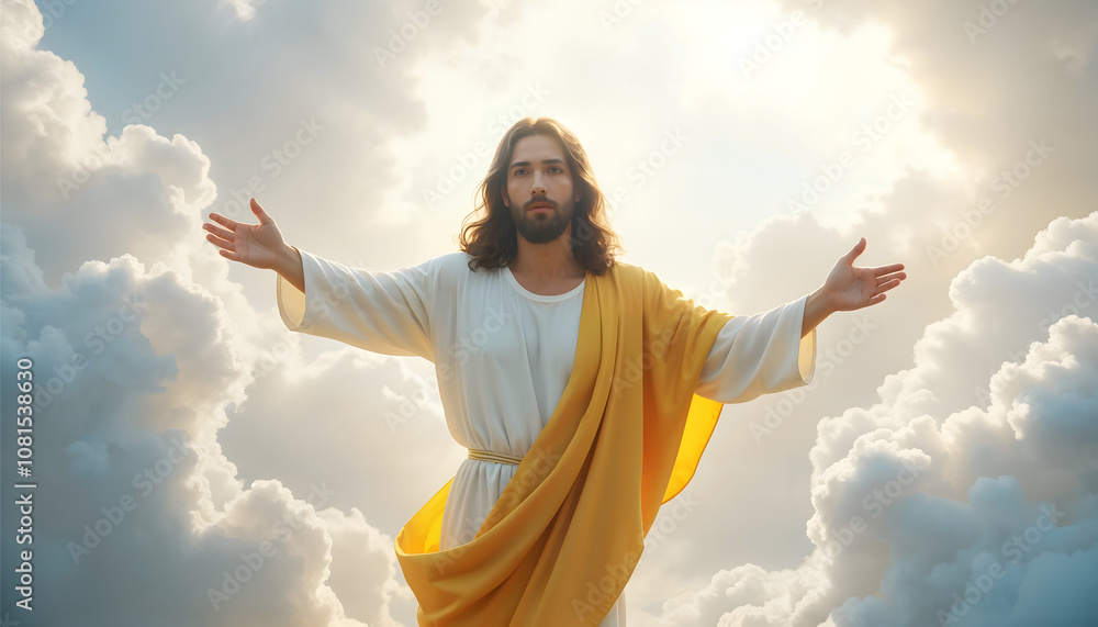 Jesus Christ with open arms, surrounded by heavenly clouds and sunlight ...