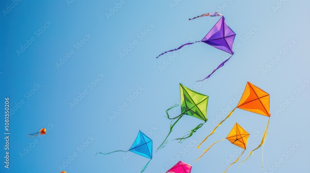 An evocative depiction of a diverse set of colorful kites flying ...