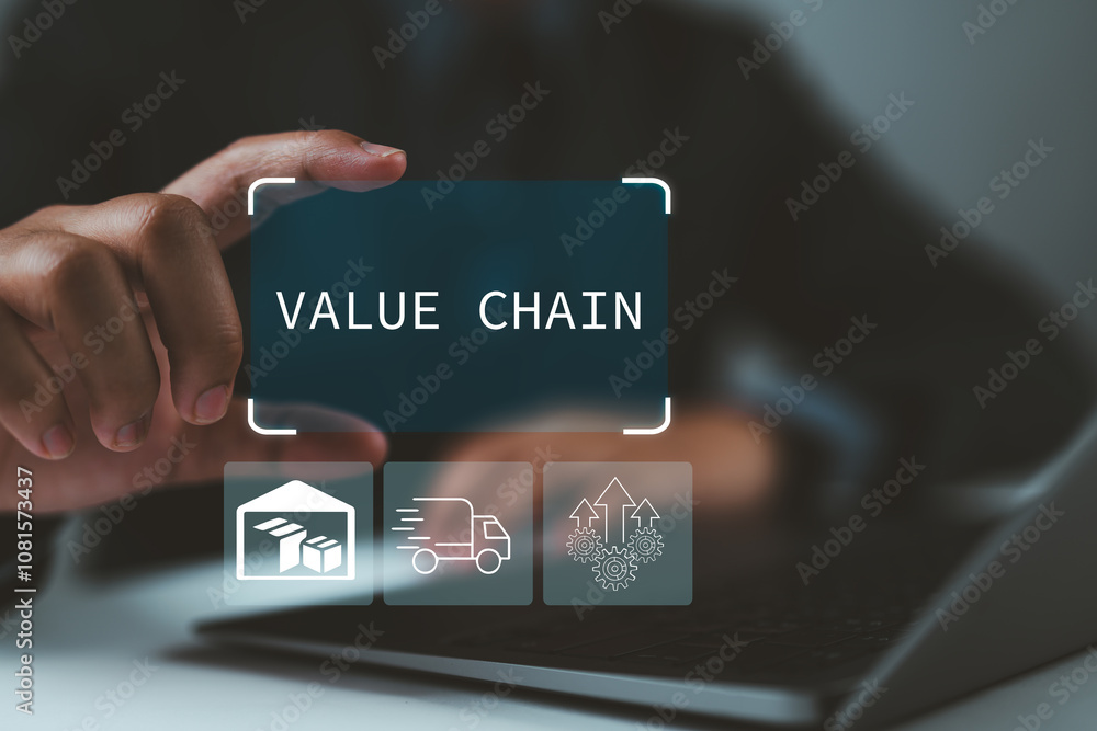 Value chain business concept. Businessman using laptop with value chain ...