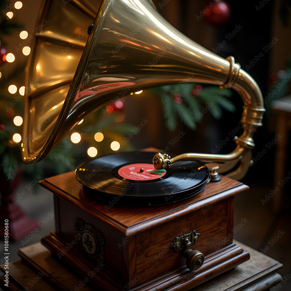 Elegant gramophone playing a classic vinyl record in a festive setting ...