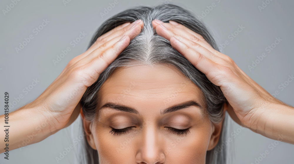 Middleaged woman examining her dark hair with gray roots, highlighting ...