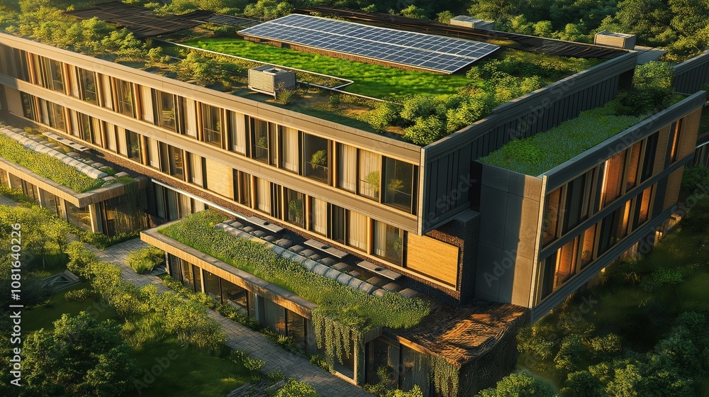 Aerial view of modern sustainable building featuring extensive green ...