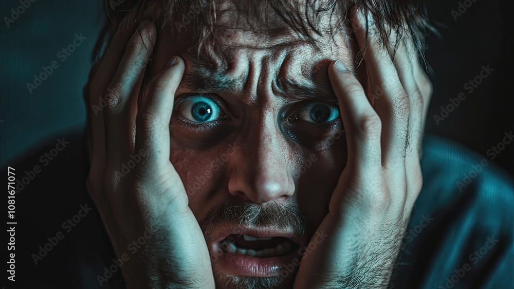 Realistic photo capturing anxiety with a distressed facial expression ...