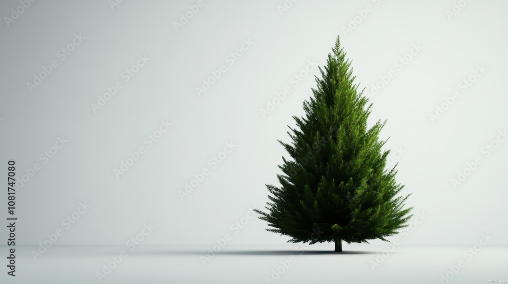 Solitary conifer tree stands out against light background, its conical ...
