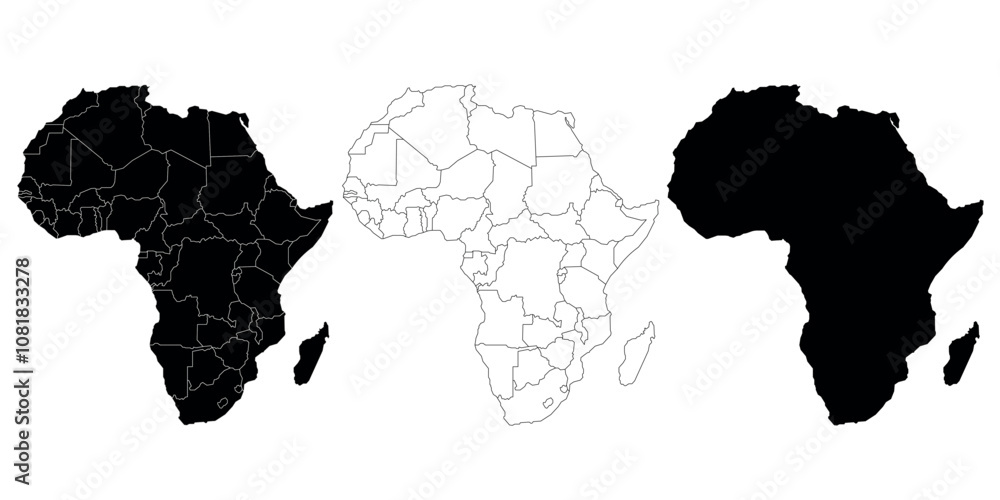 Map of Africa with country borders in filled and outline styles ...