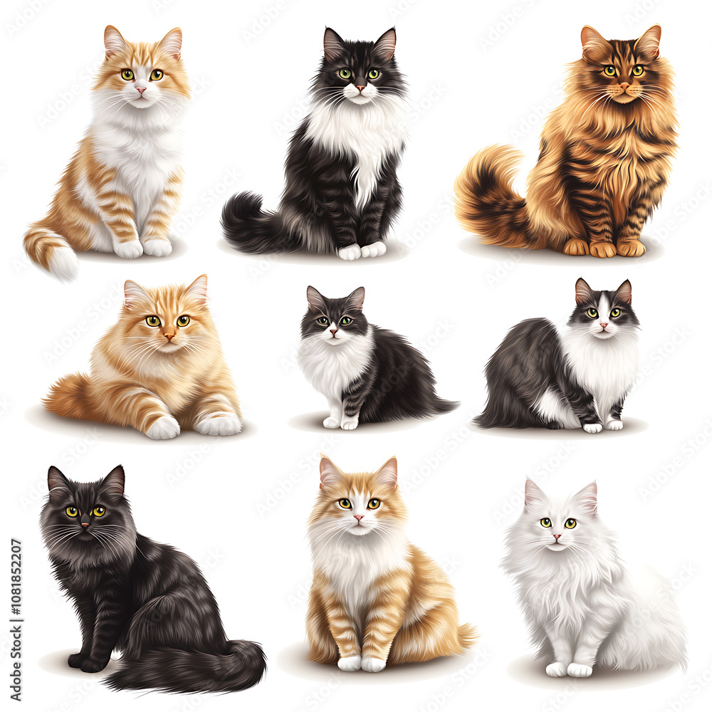 A colorful collection of nine distinct cats showcasing various breeds ...