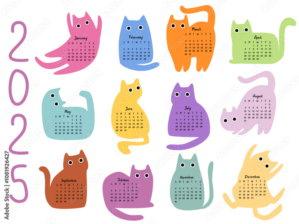 2025 calendar in the form of a cat. Week starts on Sunday, vector ...