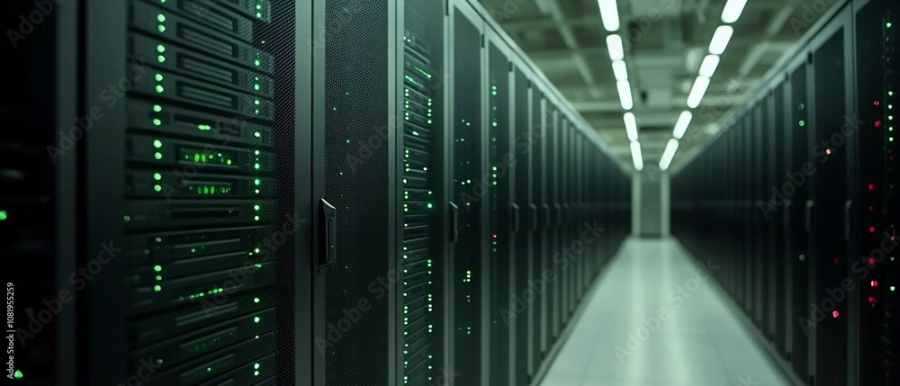 Rows of high-performance servers illuminate the data center, supporting ...