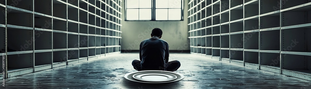 Gaunt figure sitting in a room full of empty shelves their eyes fixed ...