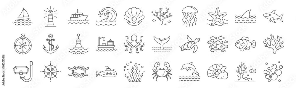 Marine Life, Nautical Elements line icon set. Vector pictograms of sea ...