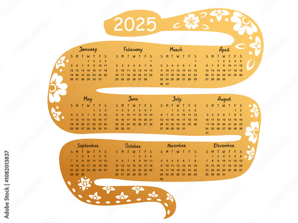 2025 calendar in the form of a snake. Week starts on Sunday, vector ...