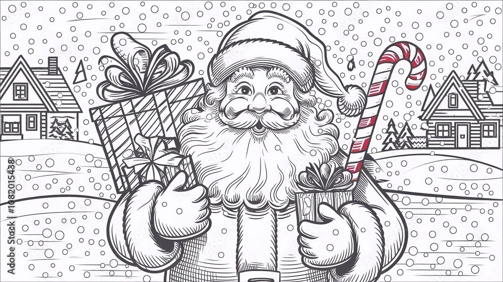 Santa Claus with gifts and candy cane outline line art doodle cartoon ...