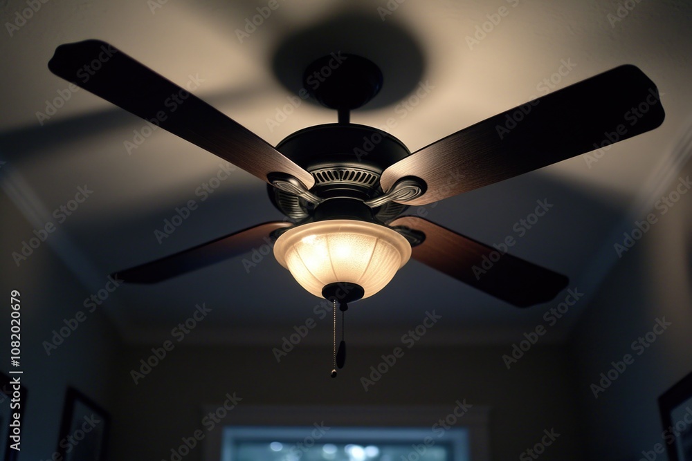 A modern ceiling fan with a light fixture installed in a typical ...
