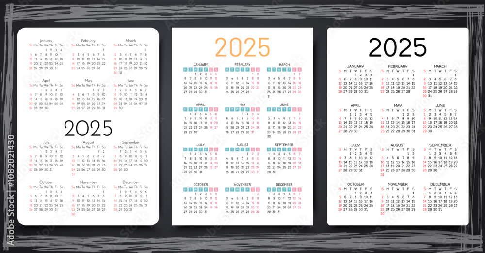 Calendars for 2025 year. Calender template. Grid with 12 months. Yearly ...