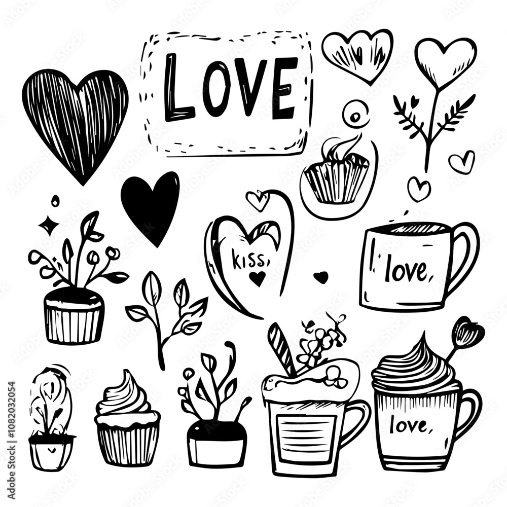 Vector doodle-style Valentine's Day clipart, black and white vector ...