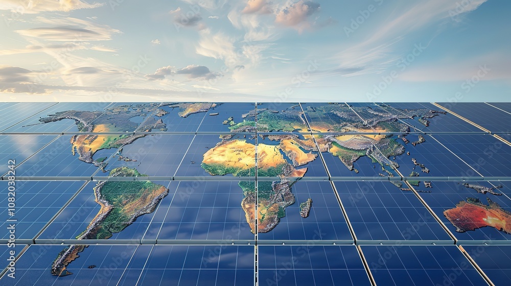 Solar panels forming world map on ocean surface, sustainable ene Stock ...