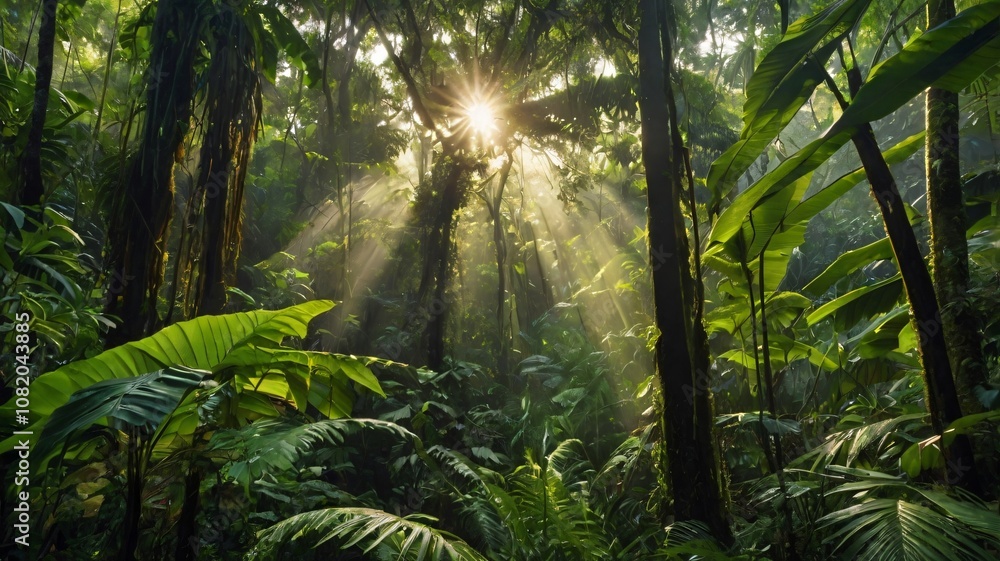 tropical rainforest with sun rays Stock Photo | Adobe Stock
