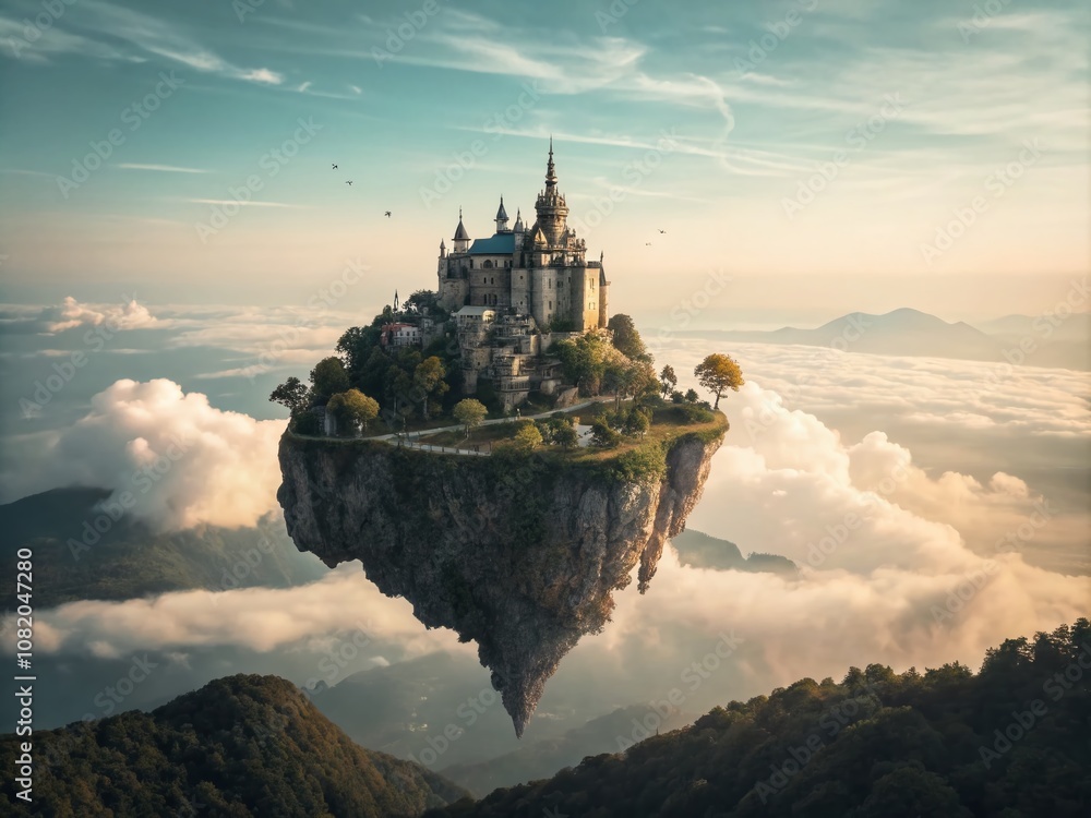 Vintage magical island, floating pixel art castle. Stock Illustration ...