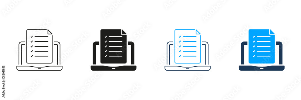 Online Test On Laptop Line and Silhouette Icon Set. Computer With ...