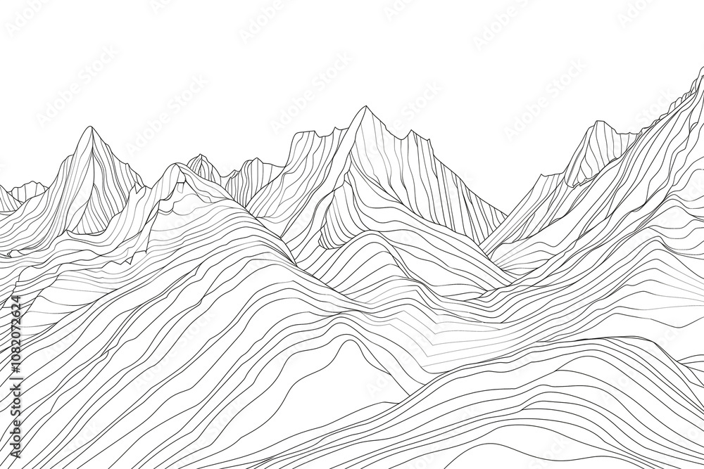 Minimalistic line art of a mountain range, with simple, angular lines ...