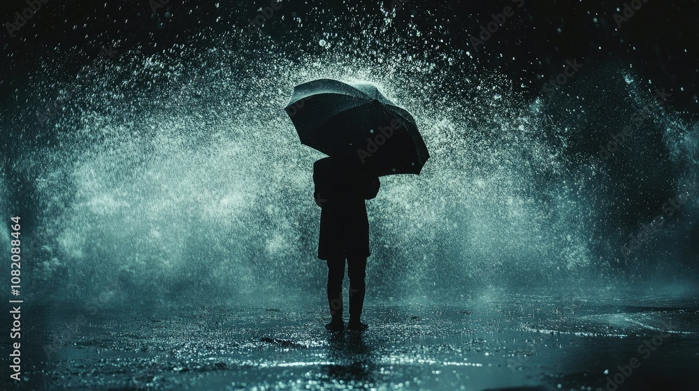 Person standing in pouring rain, umbrella flipped inside out, clothes ...