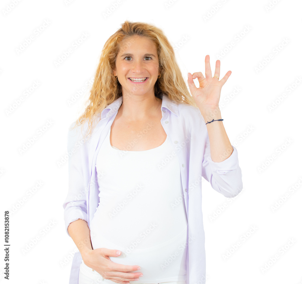 Beautiful woman expecting a baby, touching pregnant belly smiling ...
