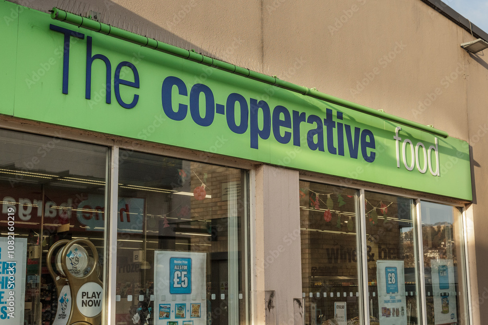 Branding sign above entrance to Co-operative food store part of the Co ...