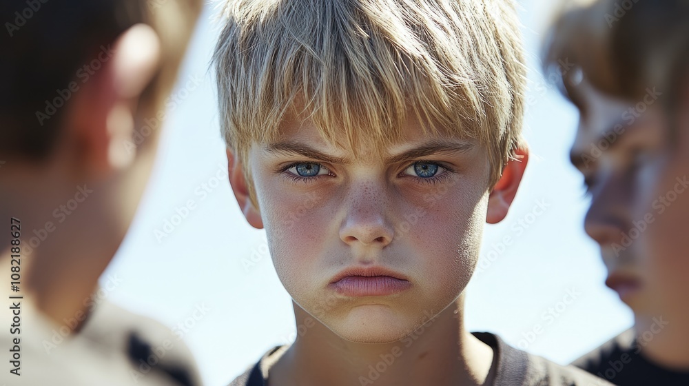 Blond boy with blue eyes looking at the camera surrounded by other boys ...