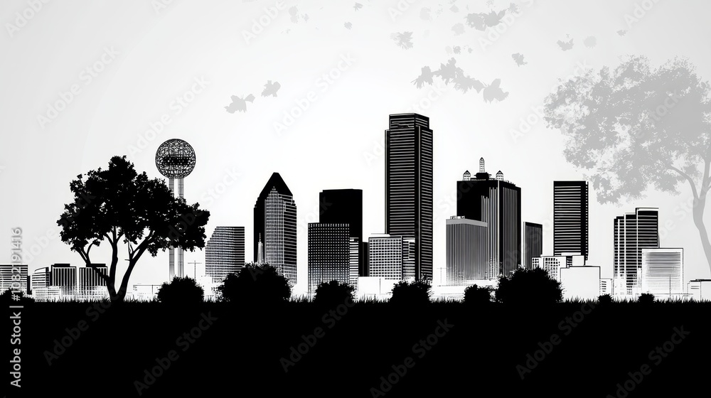 Dallas skyline silhouette with iconic landmarks, in a stylish black and ...