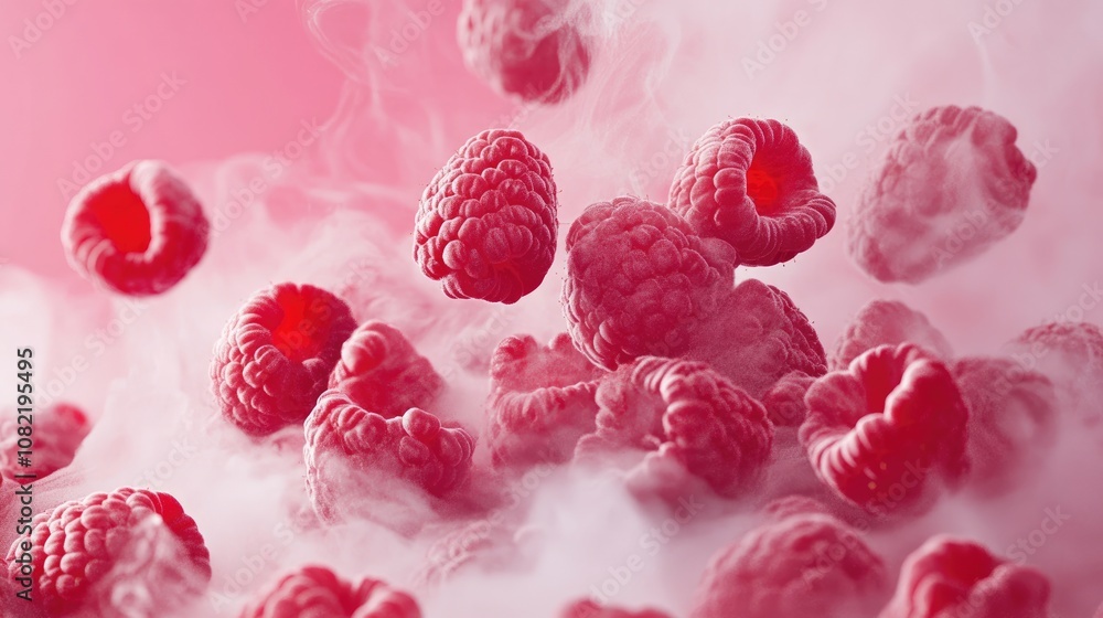 Fresh raw red raspberries burst and scatter against a pink backdrop ...