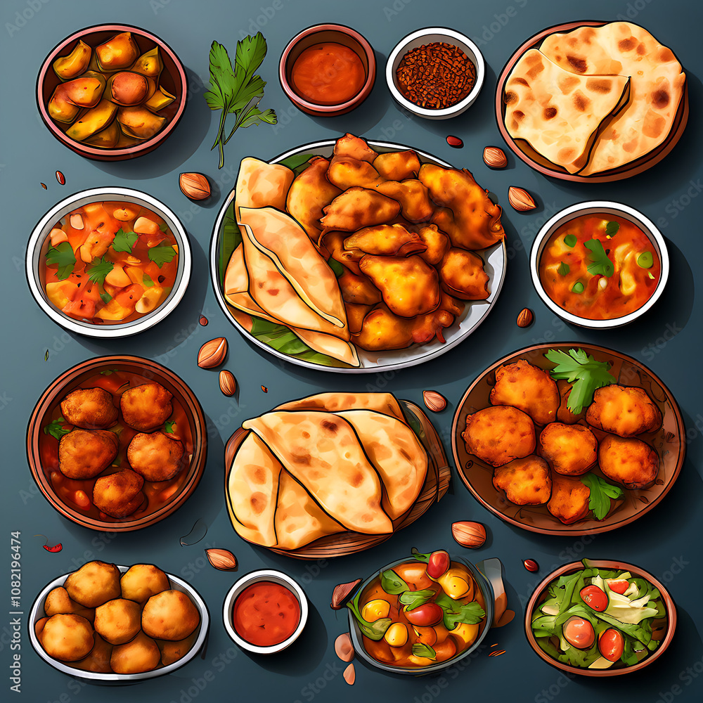 Set of all Indian Desi foods, top view. Asian cuisines set, top view ...