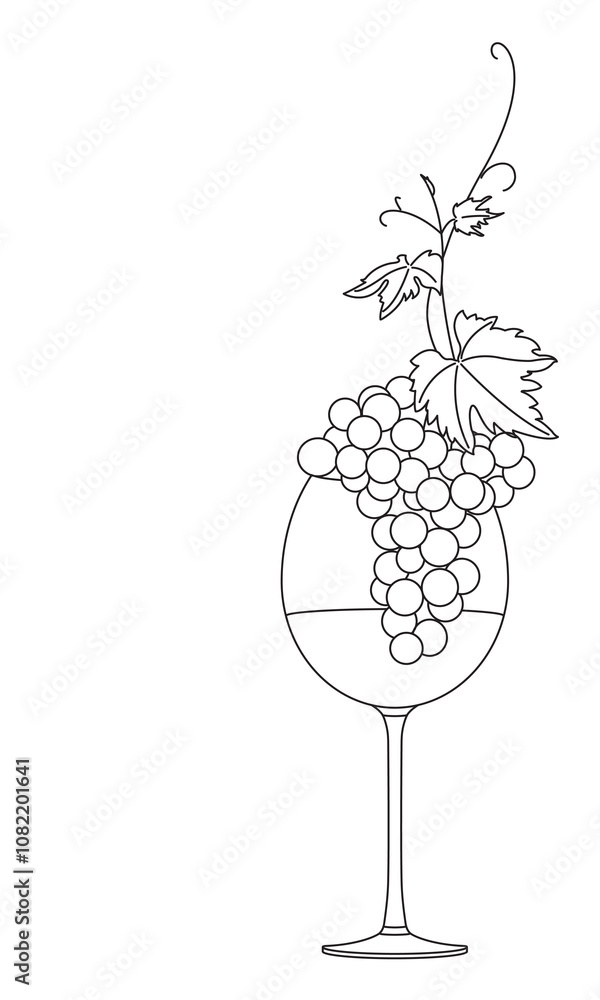 Glass of wine and cluster of grapes. Bunch of grapes. Vine. Vector line ...