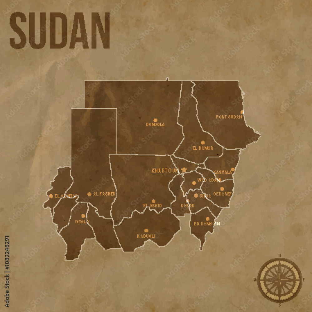 Vintage SUDAN Map with Regions Borders and Major Cities Positions Stock ...