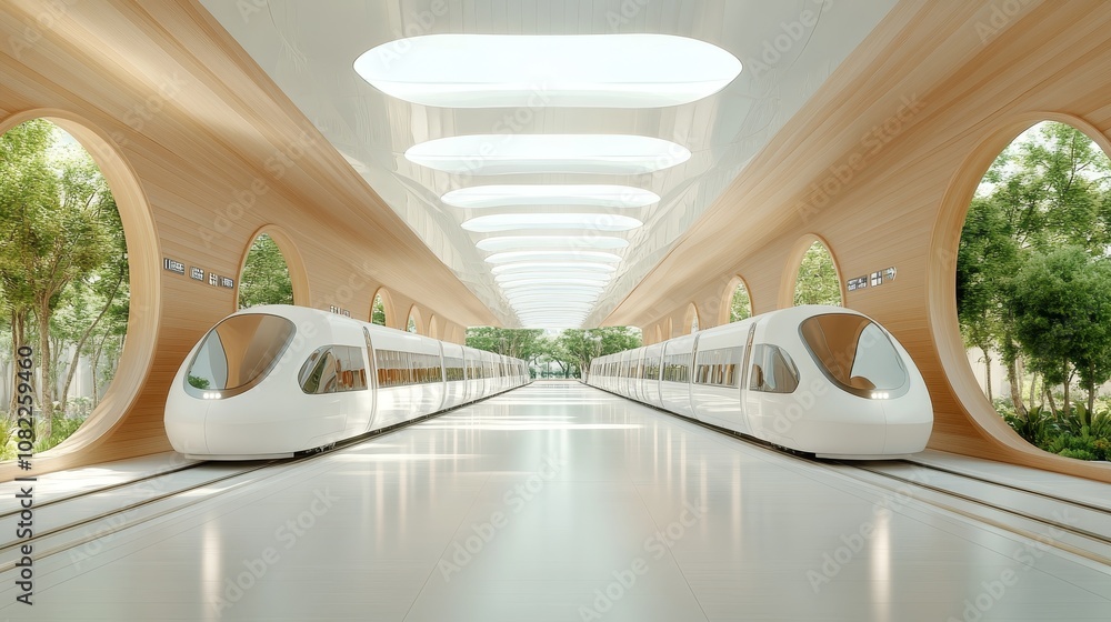 Futuristic railway terminal hub with high-speed trains and hybrid ...