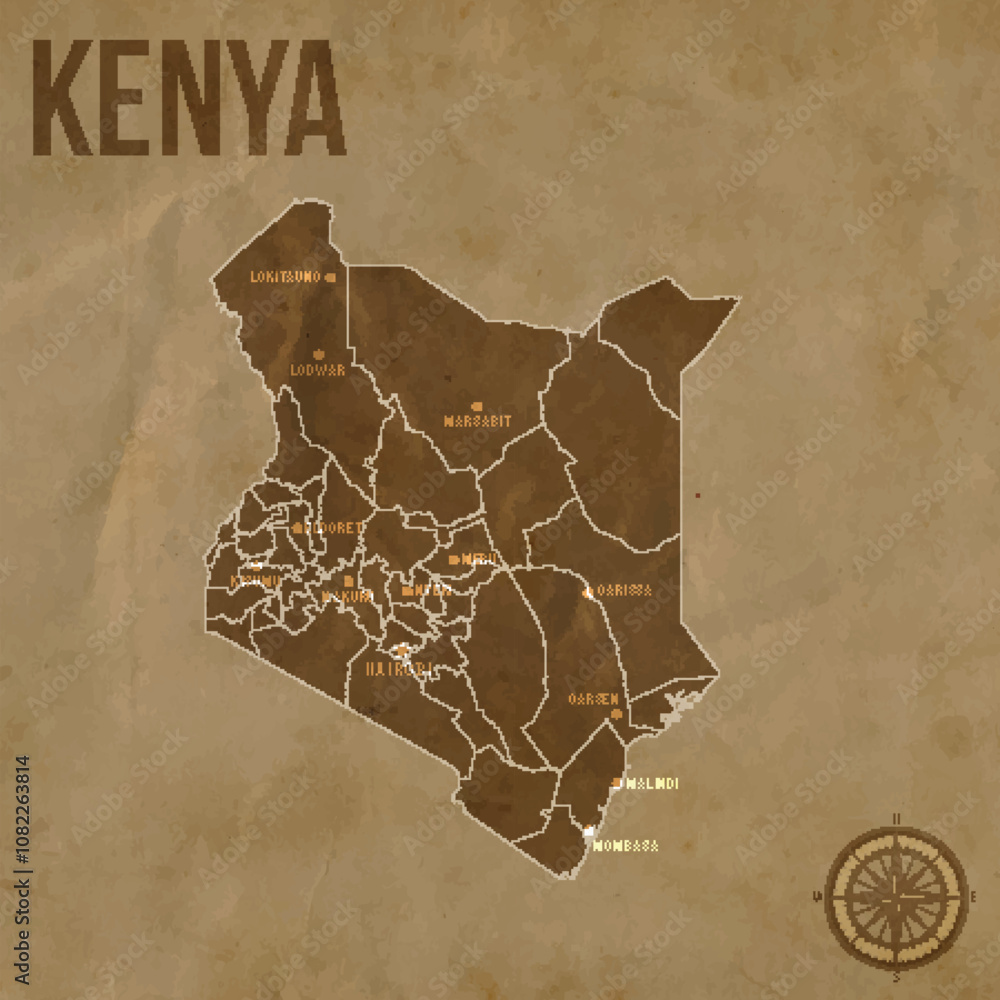 Vintage KENYA Map with Regions Borders and Major Cities Positions Stock ...