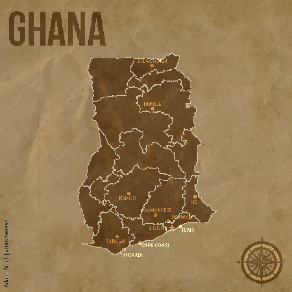 Vintage GHANA Map with Regions Borders and Major Cities Positions Stock ...