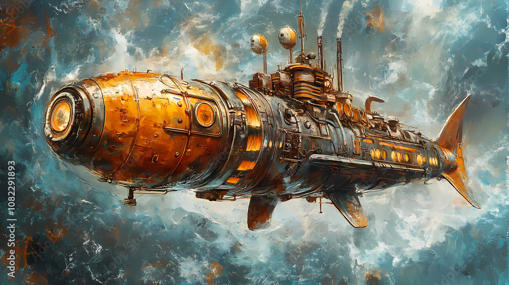 Futuristic submarines powered by steam engines steampunk style painting ...