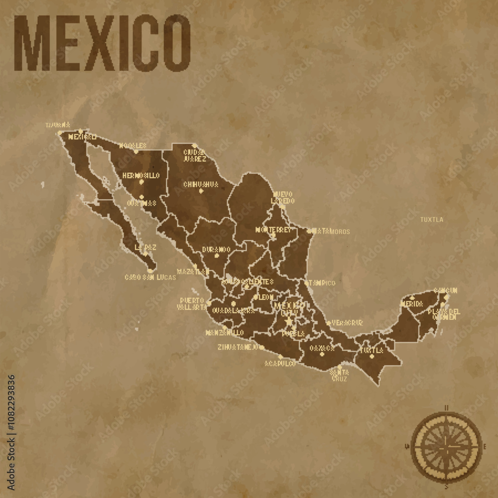 Vintage MEXICO Map with Regions Borders and Major Cities Positions ...